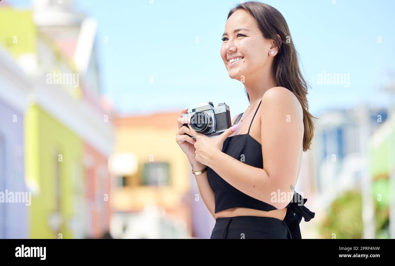 Photography, summer and happy photographer with camera shooting ...