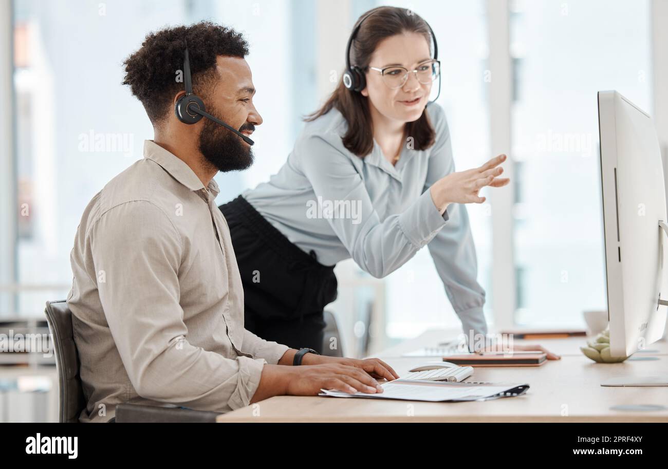Call center, team manager and employee training on computer monitor for ...