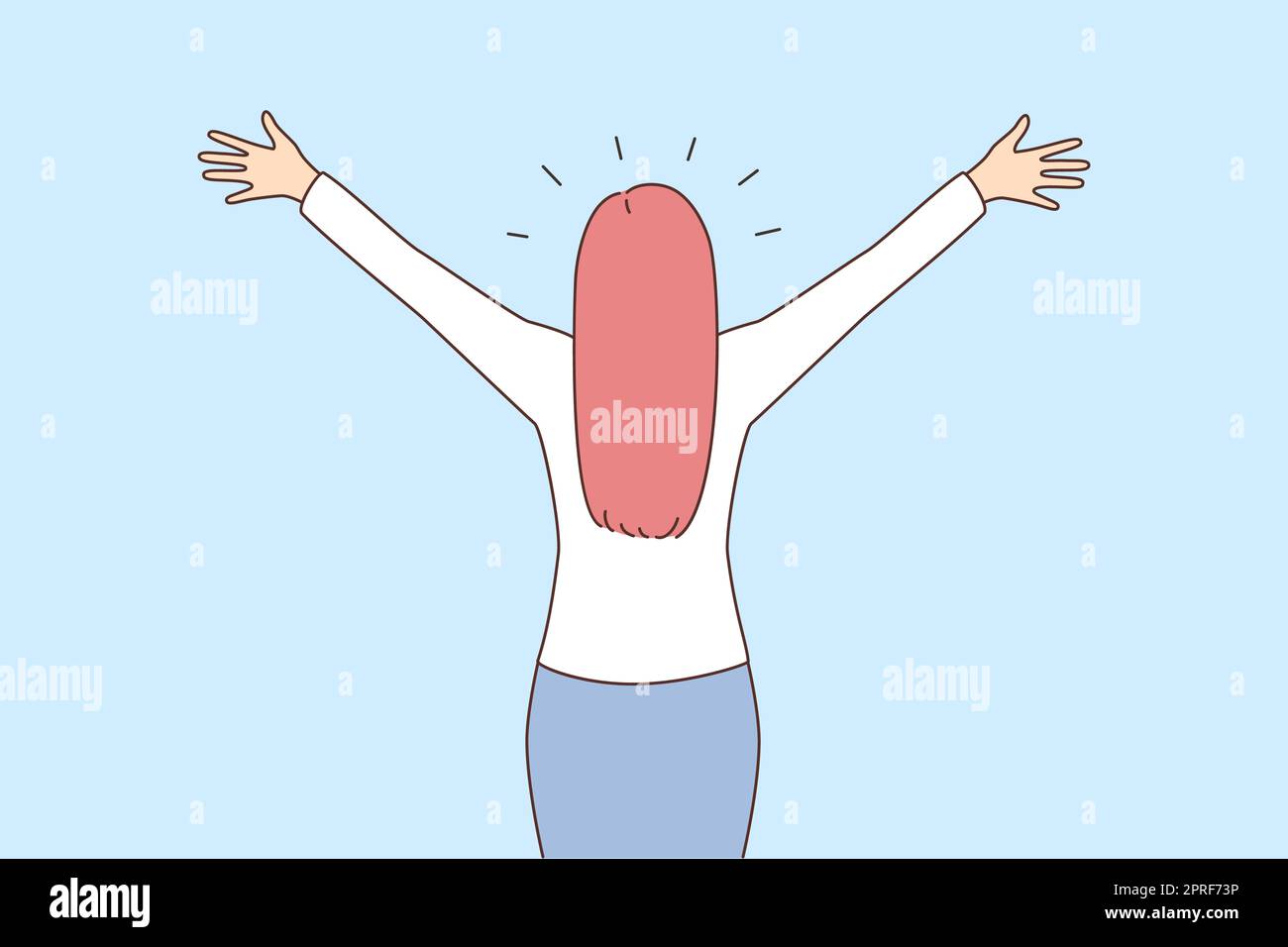 Back view of confident businesswoman stand with hands open welcome new ...