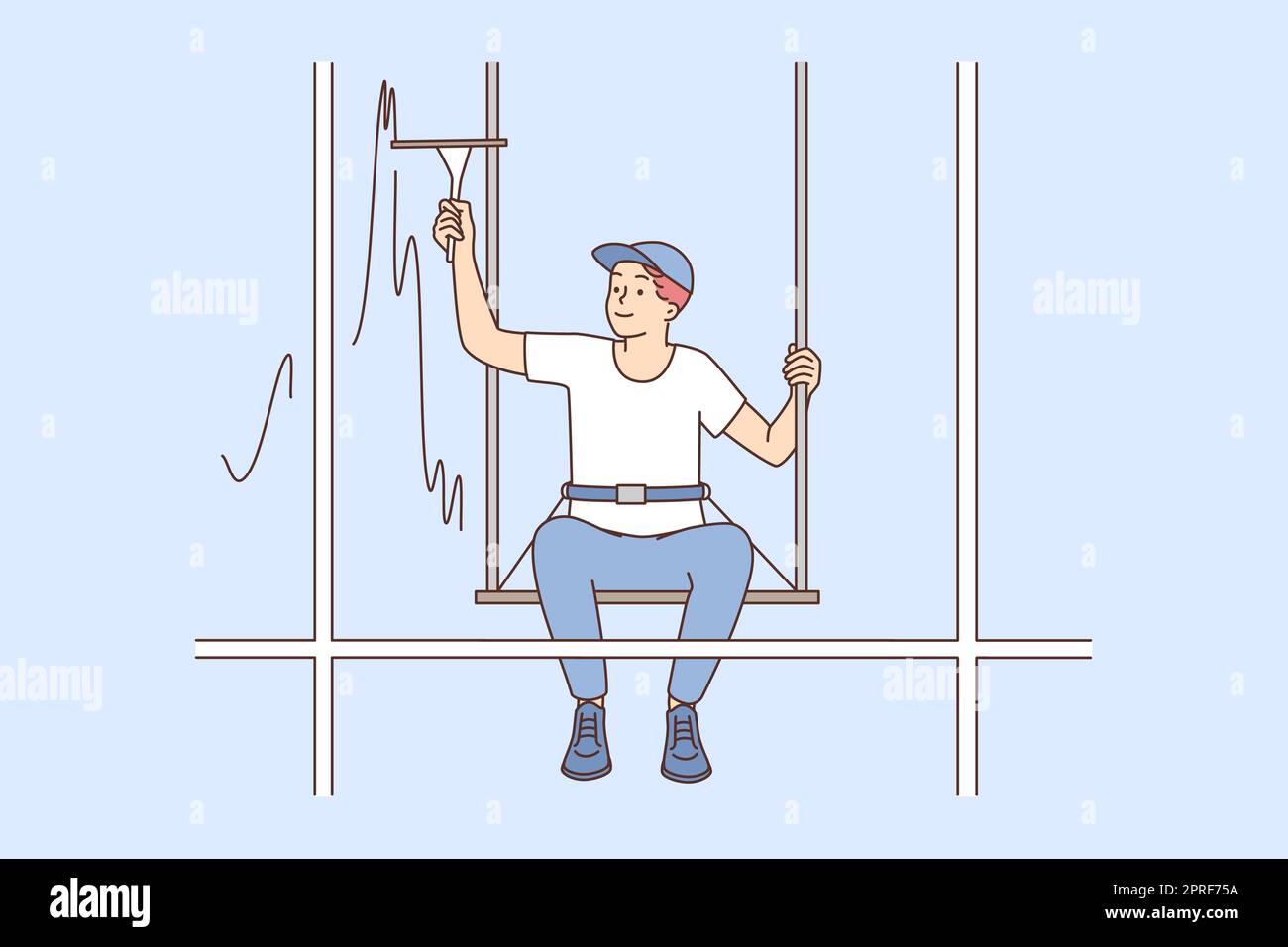 Man hanging on ropes cleaning windows of high building. Male worker ...