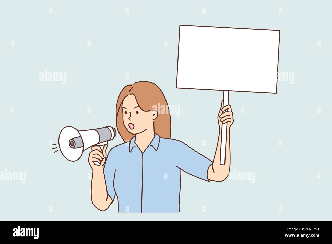Decisive woman with placard scream in loudspeaker on street ...