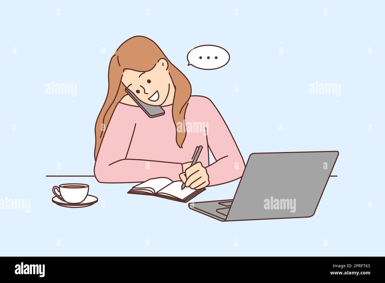 Smiling businesswoman sit at desk work on computer talking on cellphone. Happy woman multitask ...