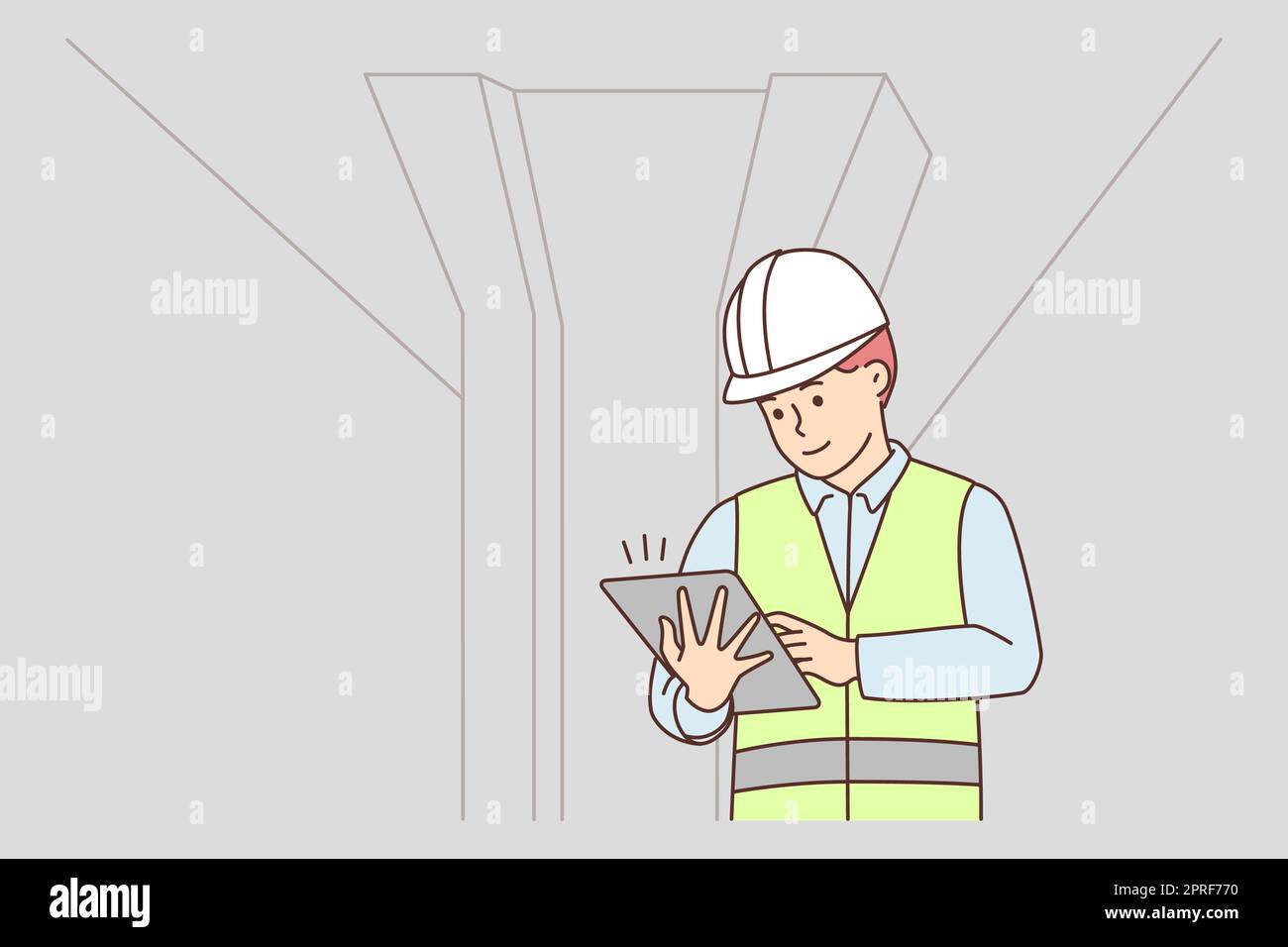 Male engineer in uniform and helmet working under bridge. Man ...