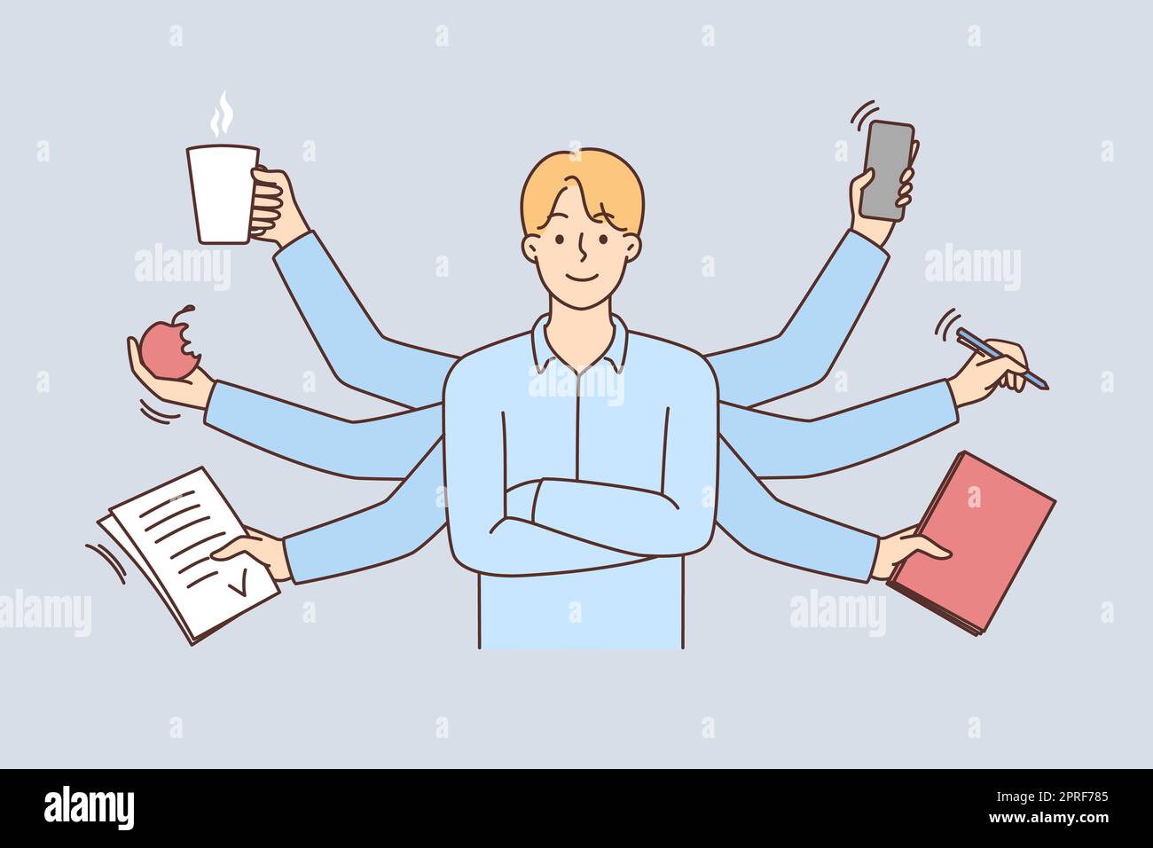 Businessman with numerous hands multitasking. Smiling successful man find balance do various ...