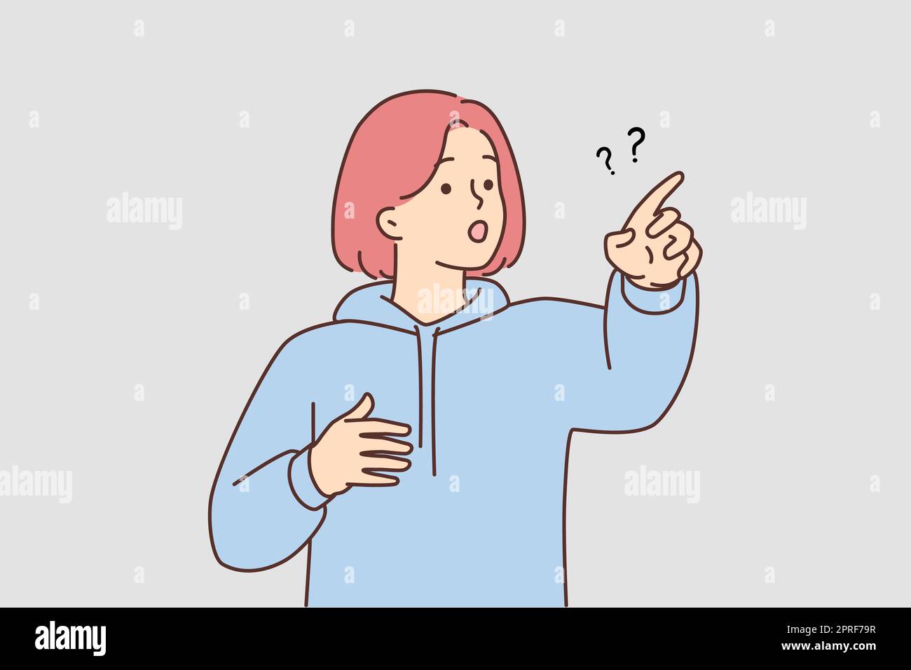 Confused girl point at something feeling shocked and stunned ...