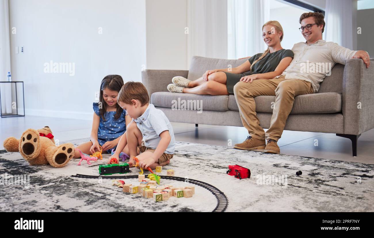 Happy family, bonding and children playing in living room, relax and ...