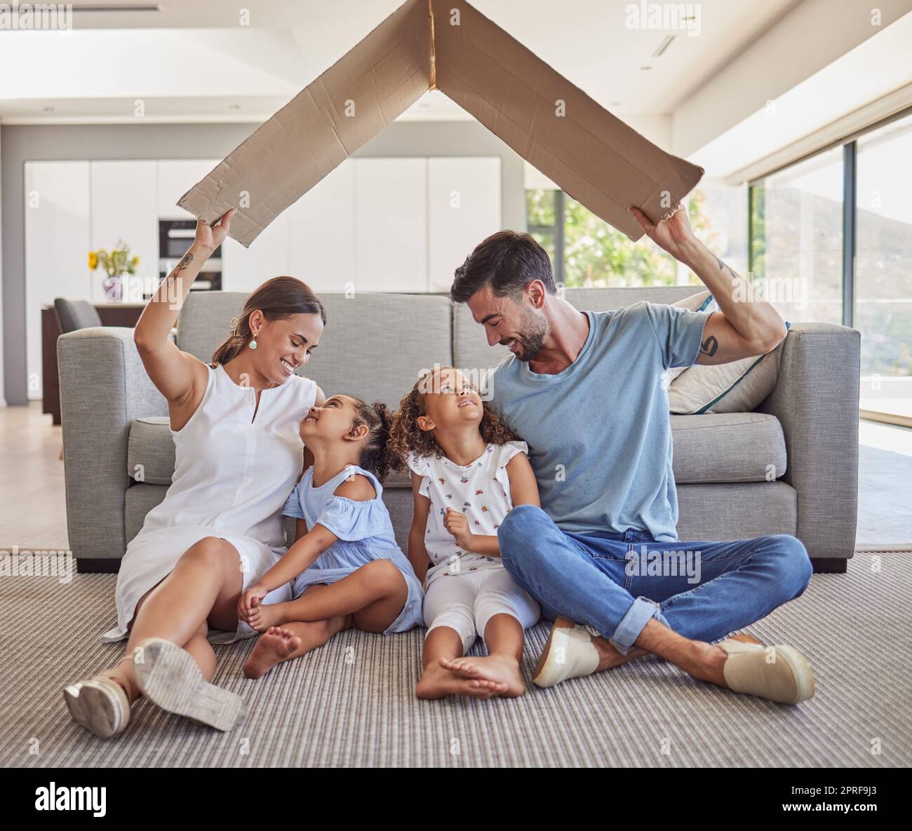 Children security, family safety and parents with smile for kids, relax ...