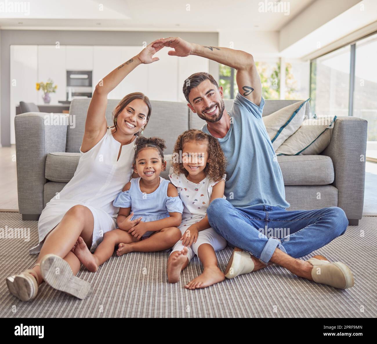 Family roof, children safety and parents with care for kids, love in ...