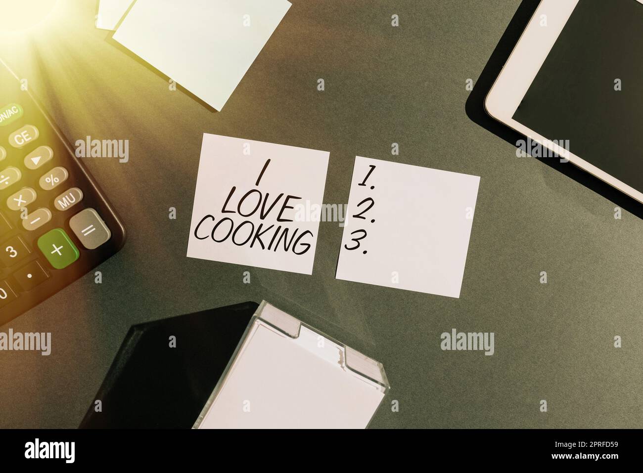 Hand writing sign I Love Cooking. Word Written on Having affection for ...