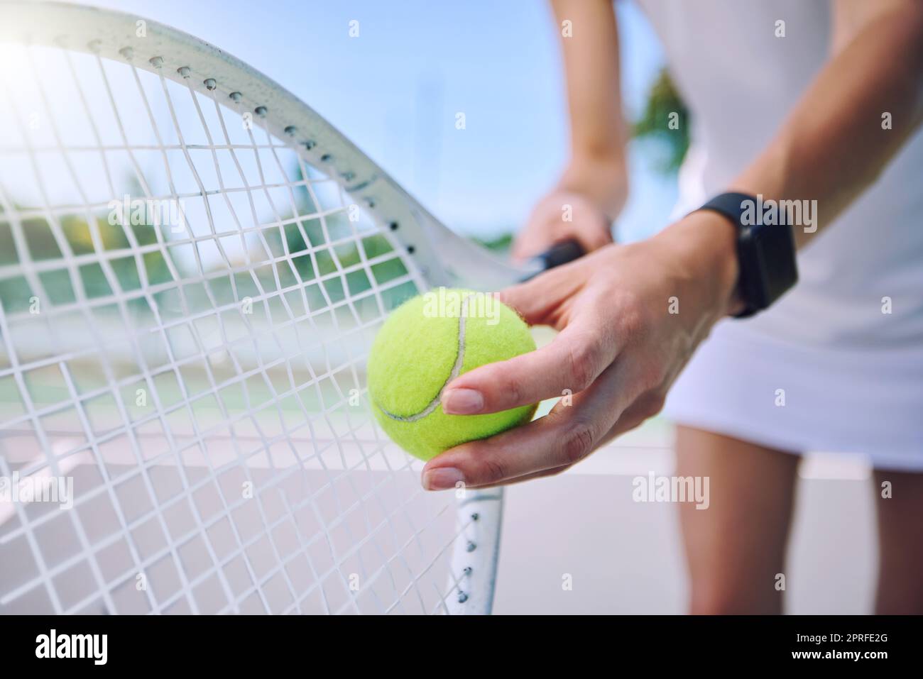 Closeup tennis ball, racket and sport for fit, active and healthy ...