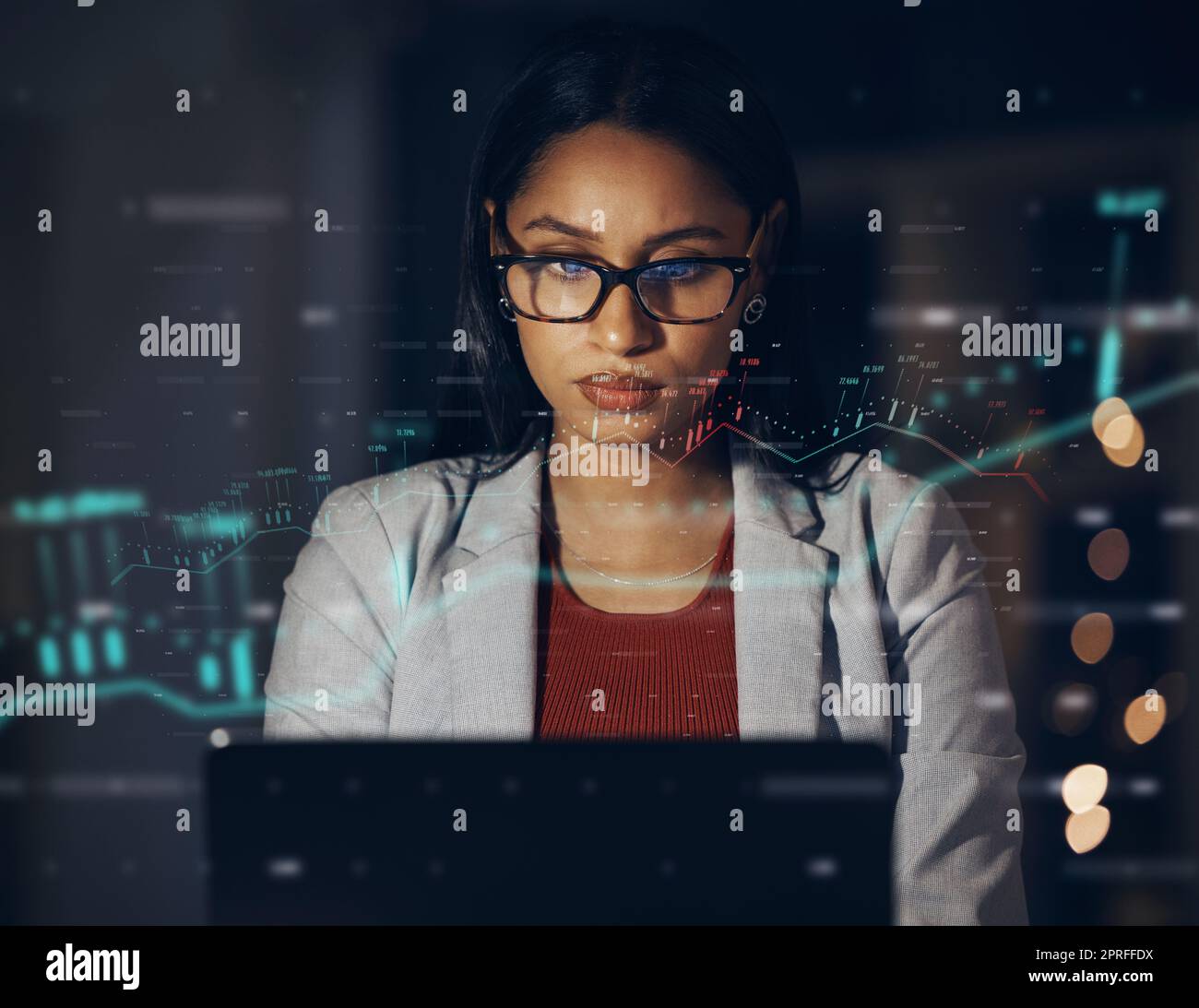 Finance Business Woman Working On Laptop In Dark Office Trading And