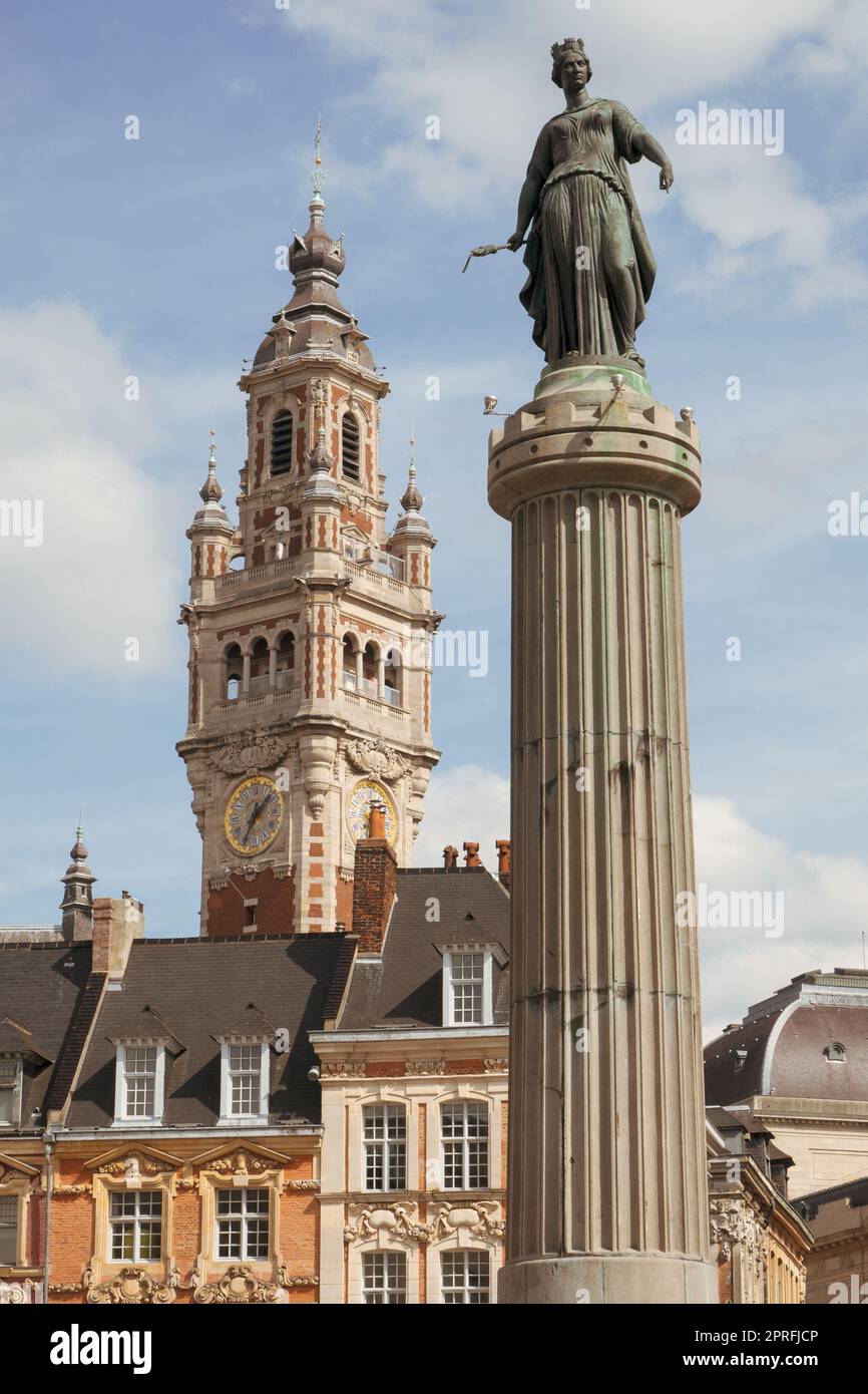 Historic facades at the Grand Place in the city of Lille, the goddess ...