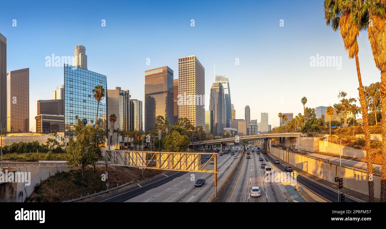 the skyline of los angeles during sunrise Stock Photo - Alamy