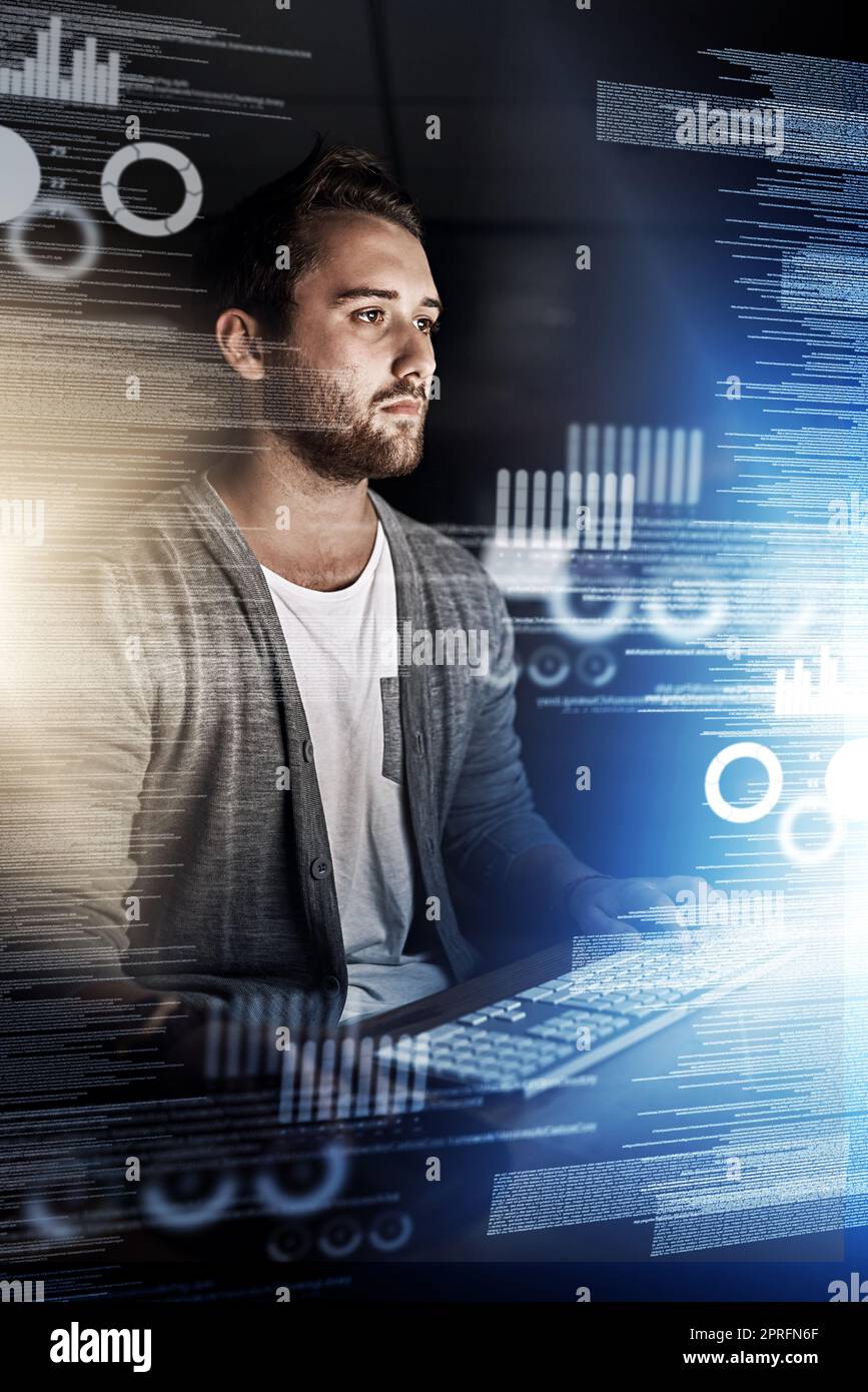 He wont miss a single bug. a young computer programmer working on source code Stock Photo - Alamy