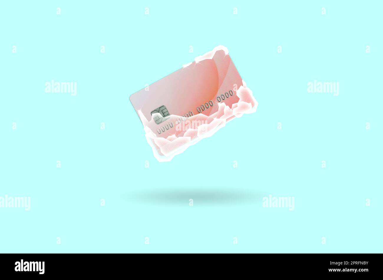 Frozen red credit card in a blocks of ice on blue background. The ...