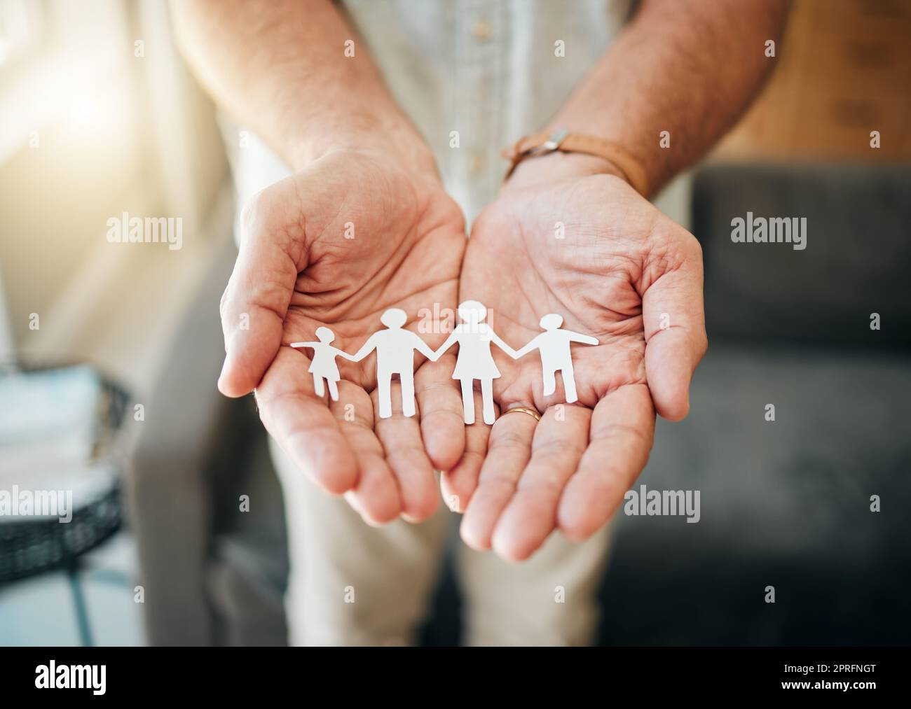 Support, care and hands with paper family for security, help or safety ...