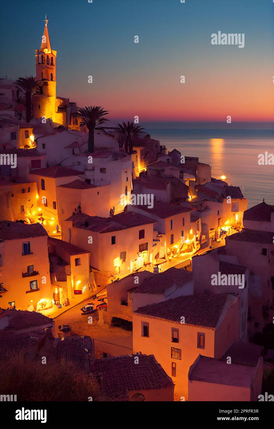 Famous mediterranean village at night. 3D illustration Stock Photo - Alamy