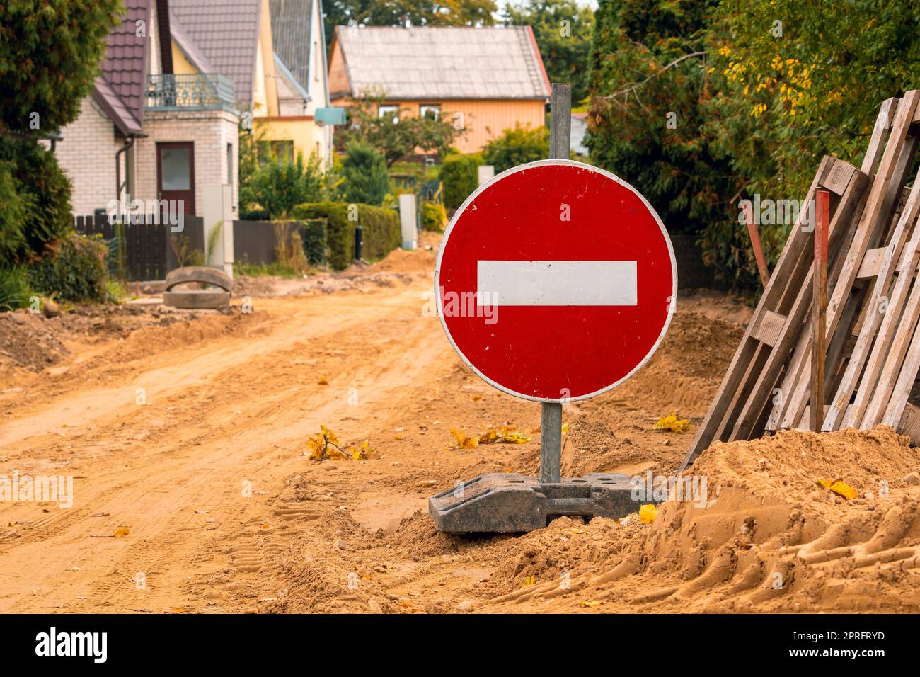 No entry road sign on the town street. Warning of construction work ...