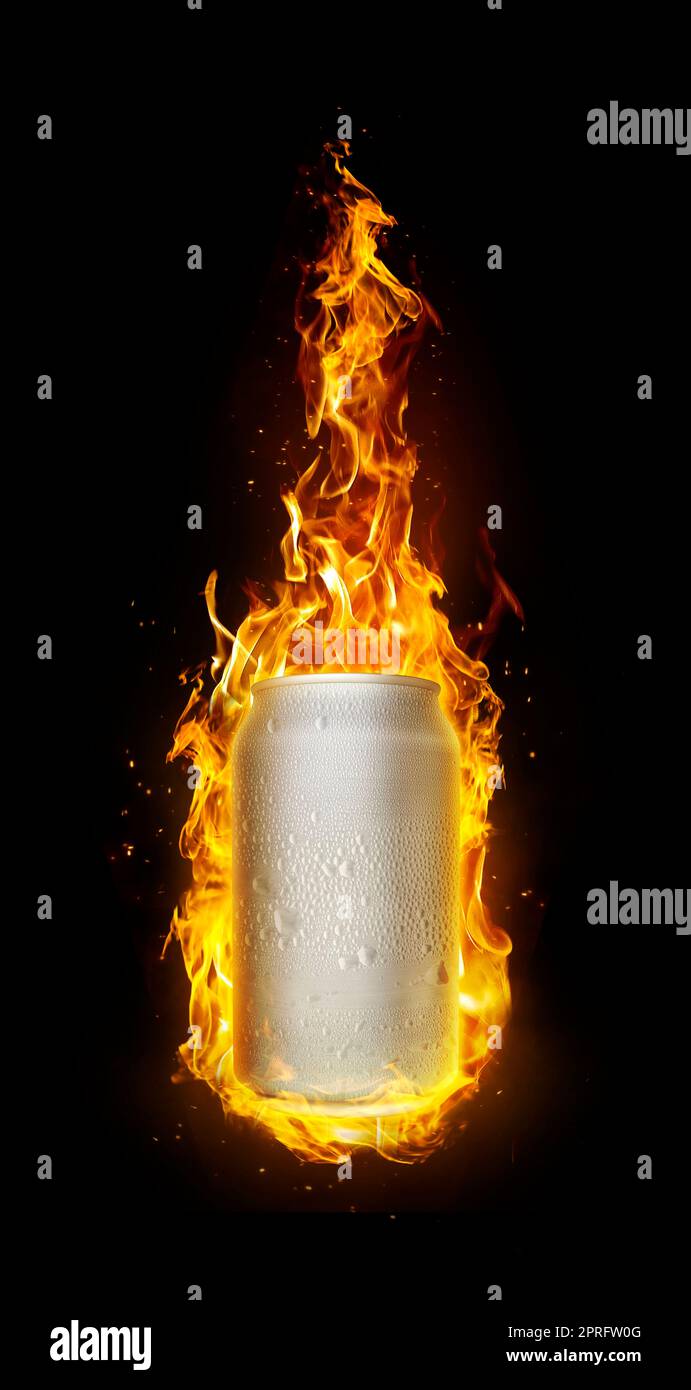 Cold drink cans in flames. Refreshing drink concept for summer. 3d ...