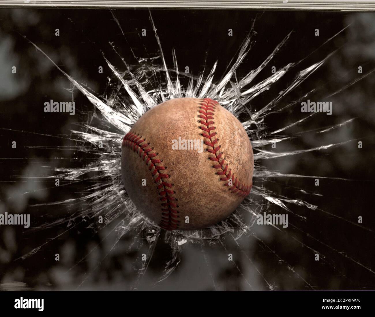 Baseball through broken window. for design Stock Photo - Alamy