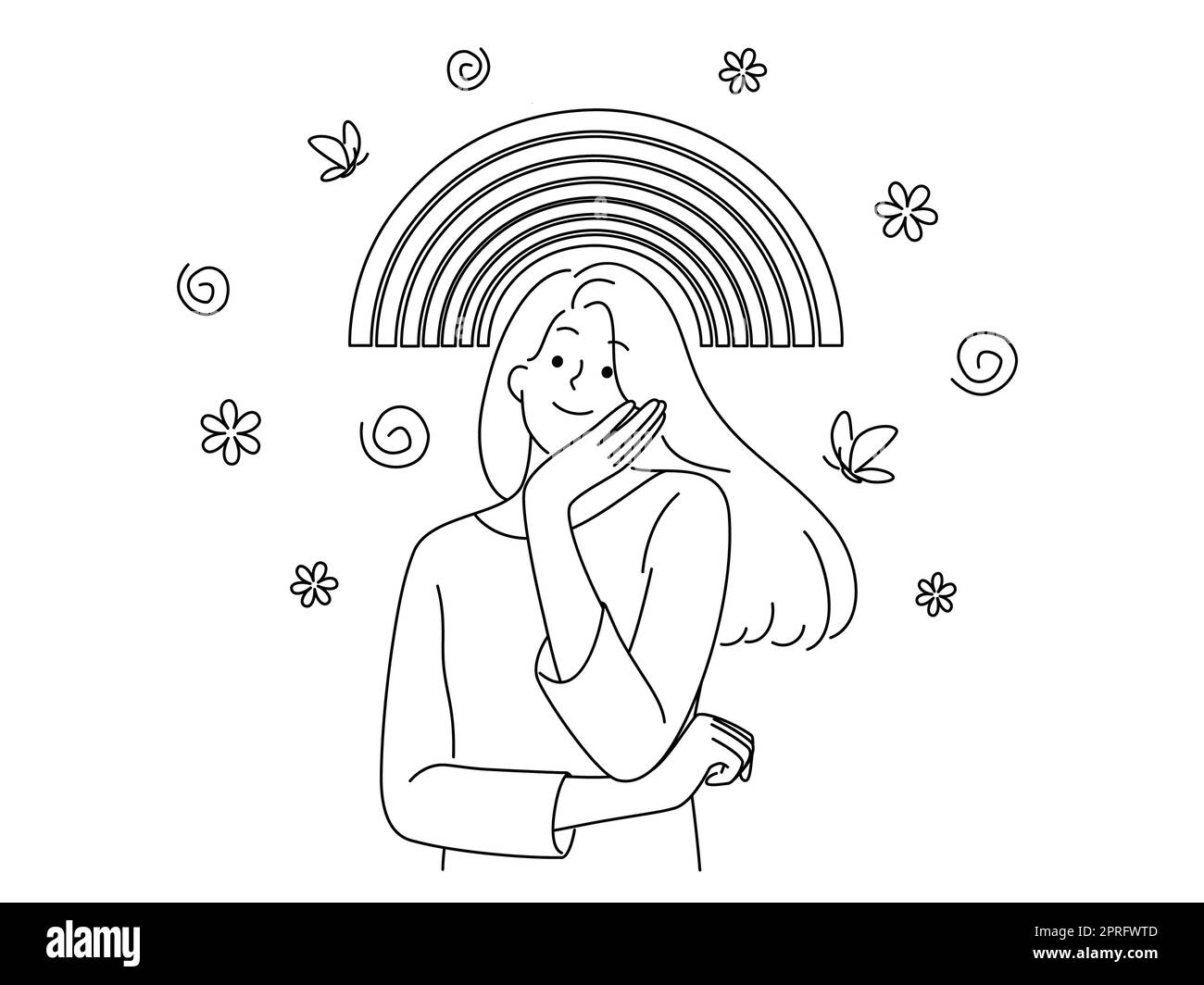 Happy young woman standing under rainbow dreaming of bright future ...