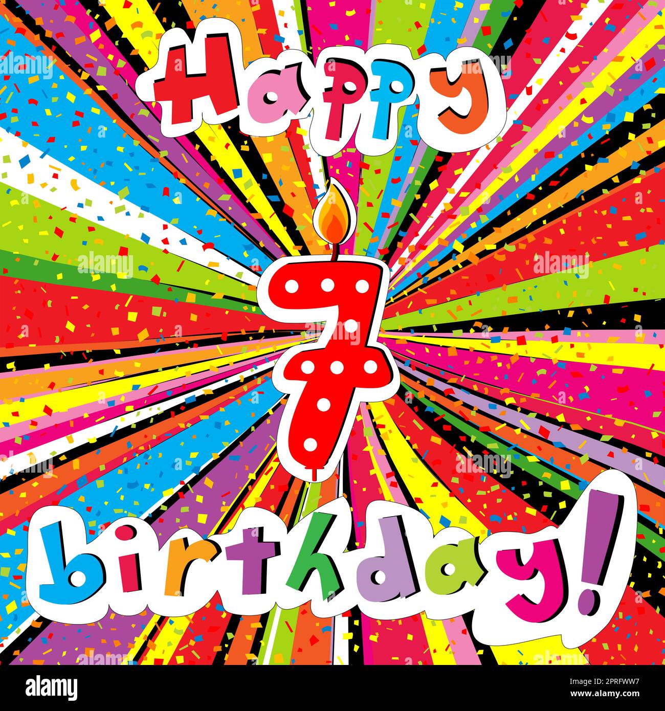 Happy Birthday greeting card with number seven candle and confetti on a ...