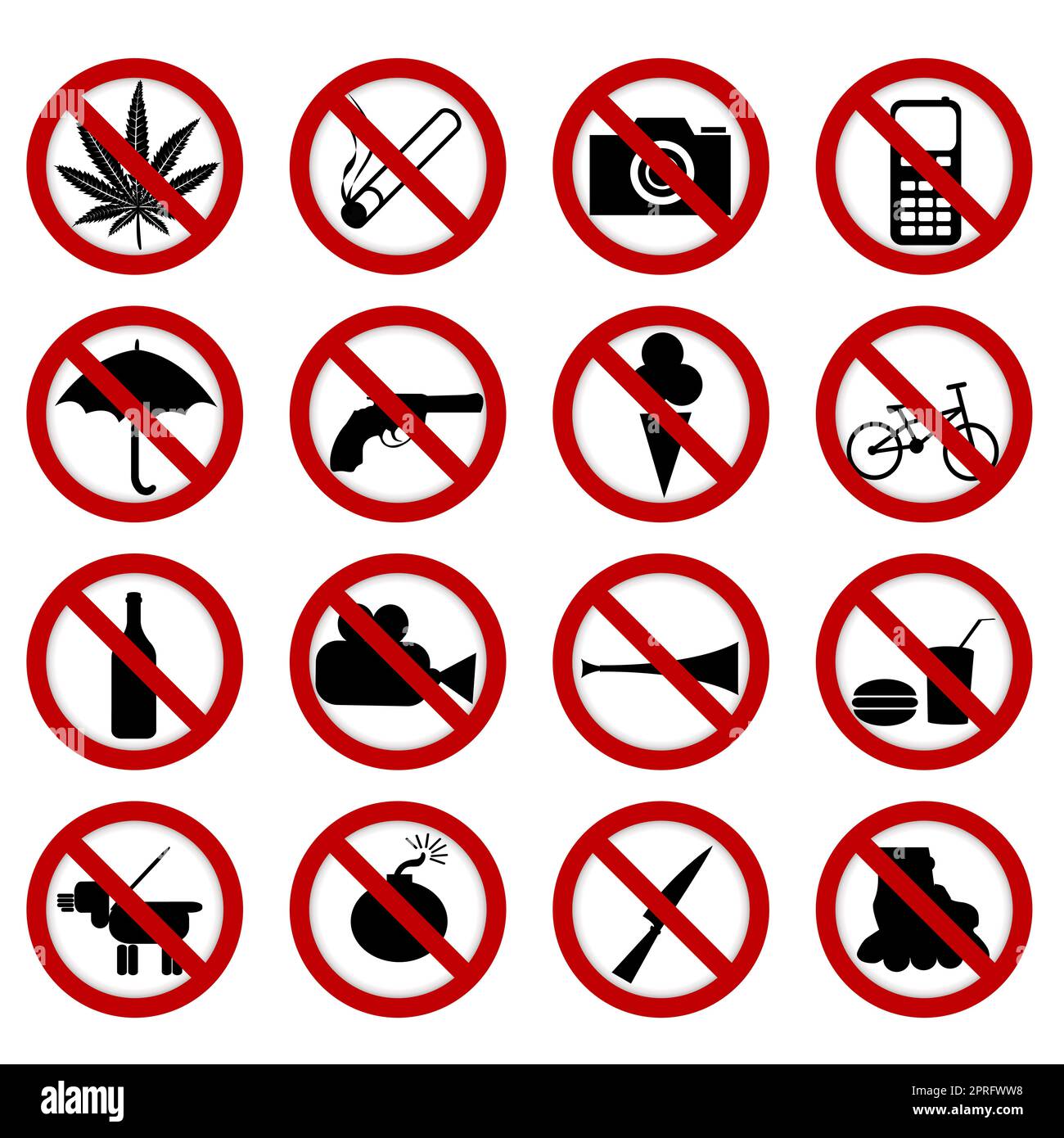 Set of prohibition signs for public events on white background Stock ...