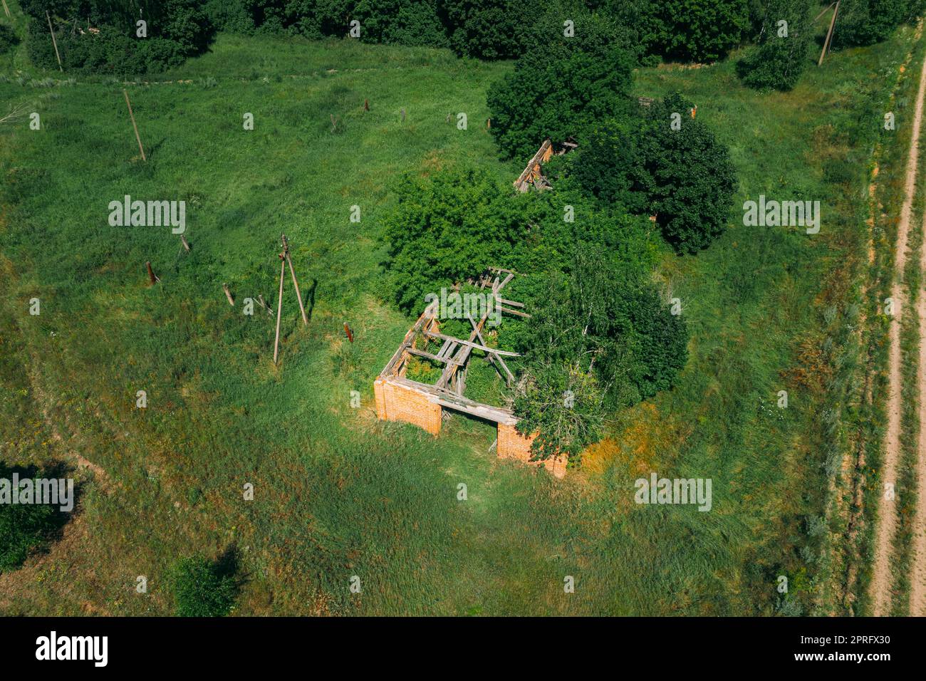 Belarus. Aerial View Of Ruined Cowshed In Chernobyl Zone. Chornobyl ...