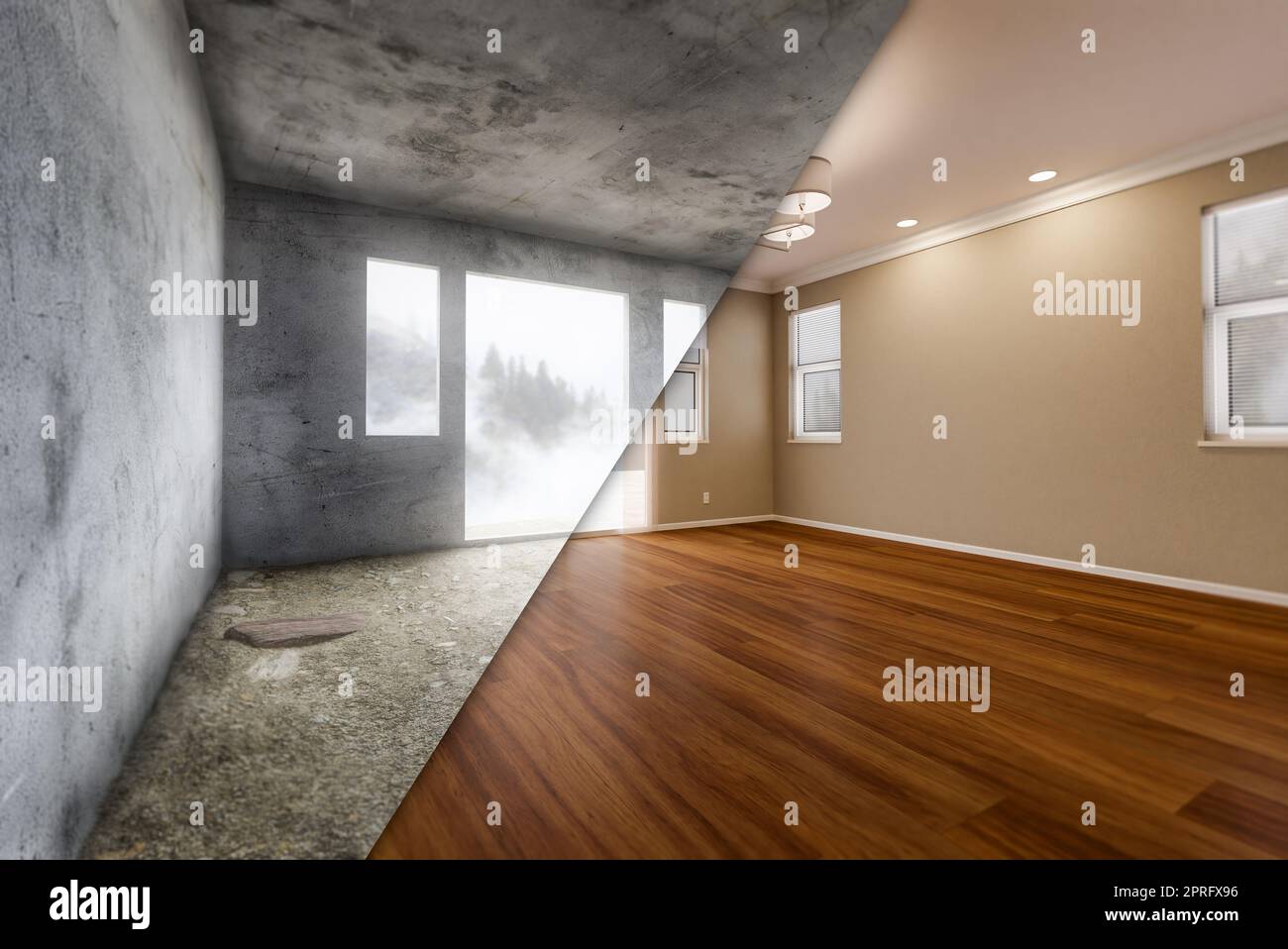 Unfinished Raw and Newly Remodeled Room Of House with Finished Wood ...
