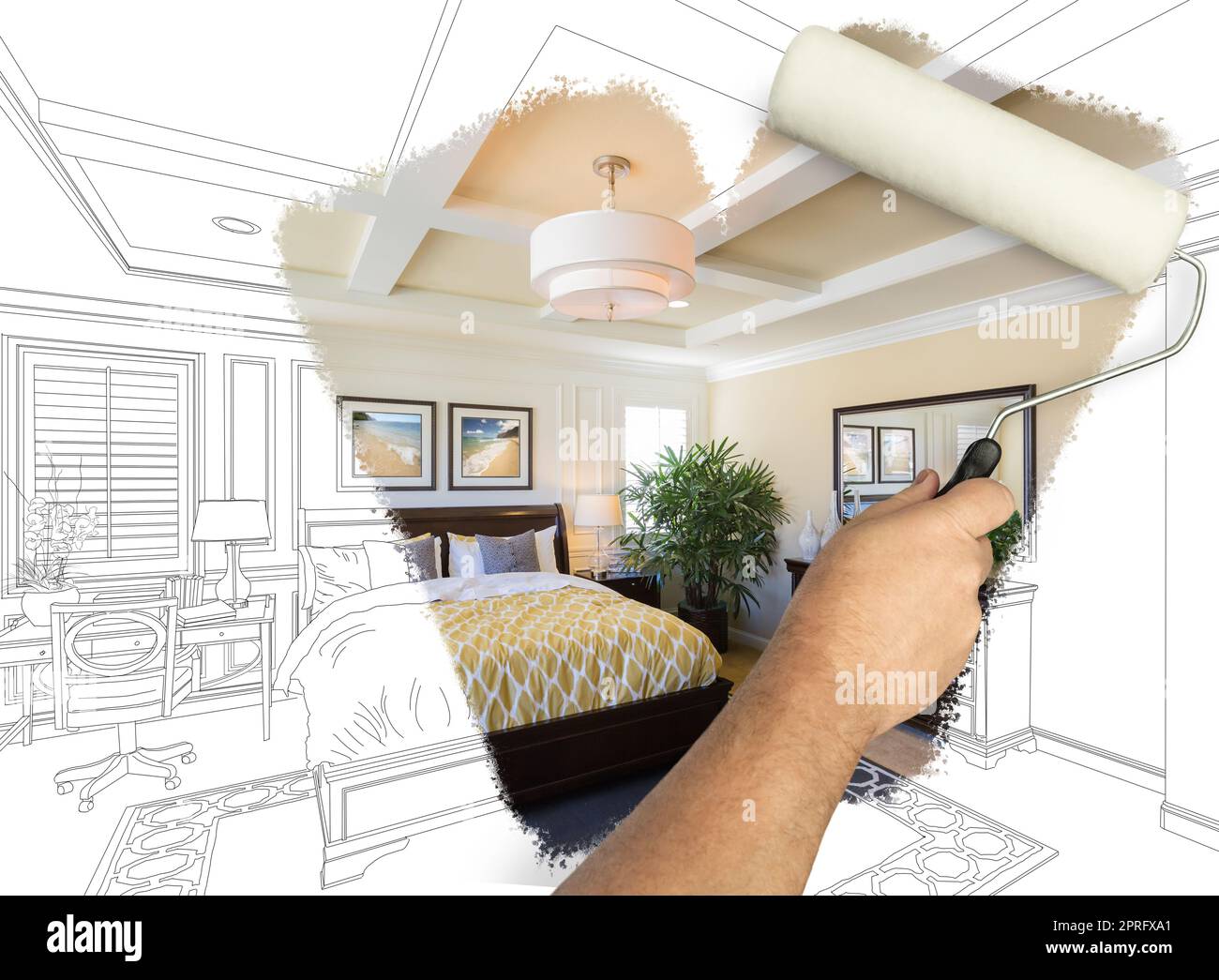 Before and After of Man Painting Roller to Reveal Newly Remodeled ...