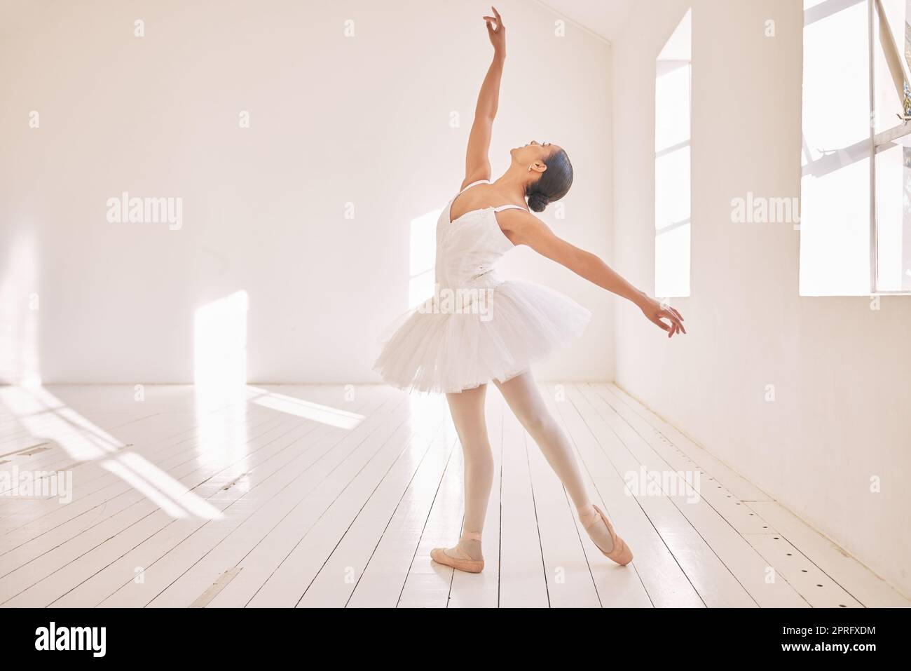 Ballet dance, student and training on studio floor, gym or theater for ...