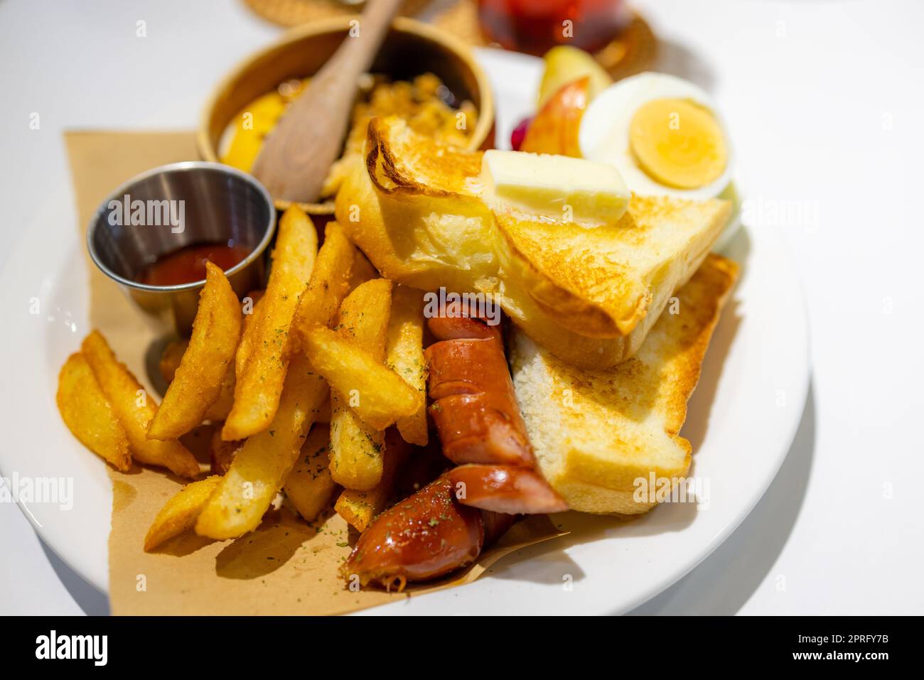 French fries sausages and toast Stock Photo - Alamy