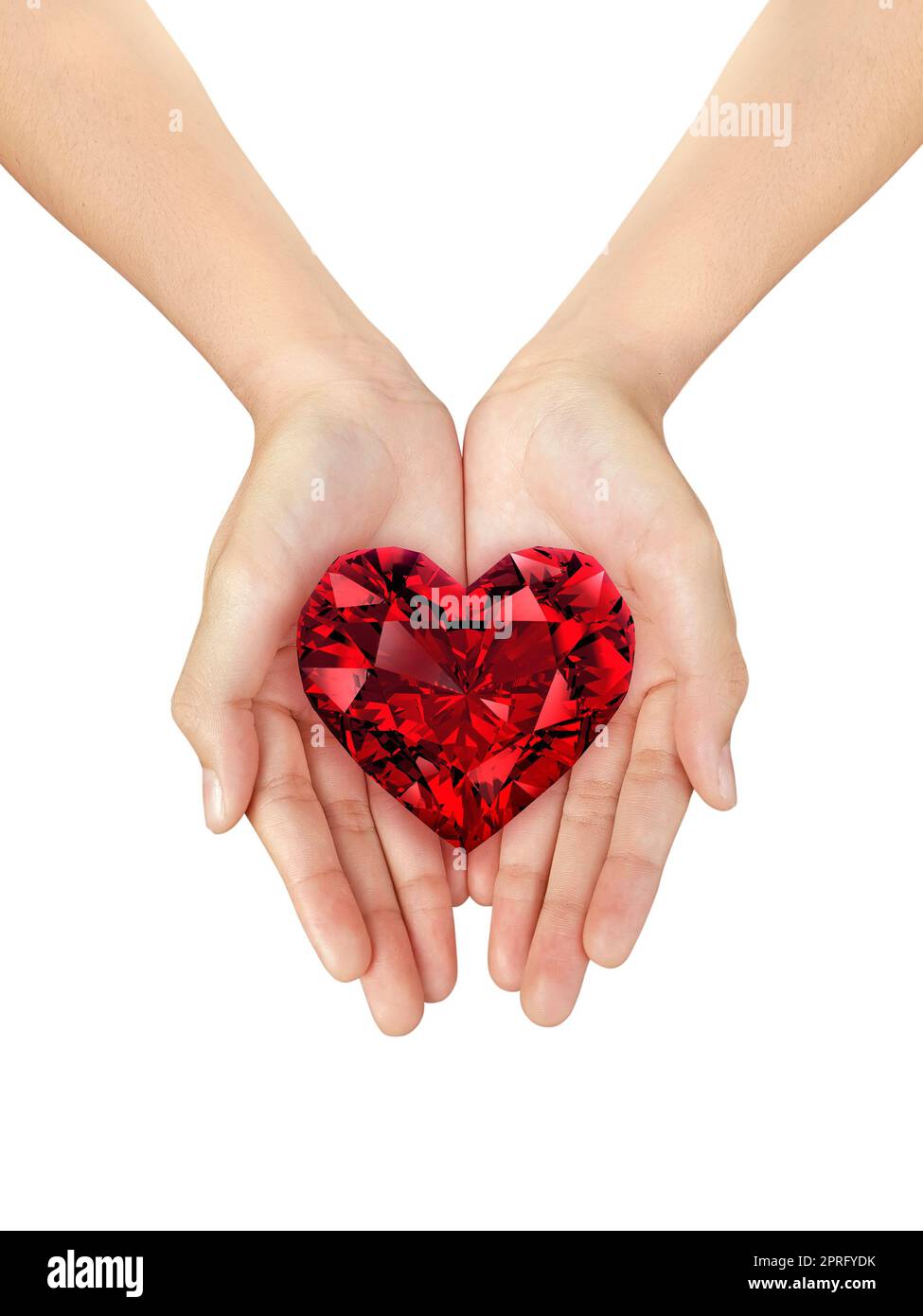 Beautiful woman hand holding a Red heart shaped diamond on a white ...