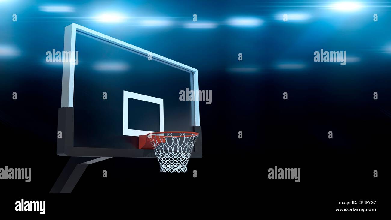 basketball court stadium with lights in the field shining. 3d render ...