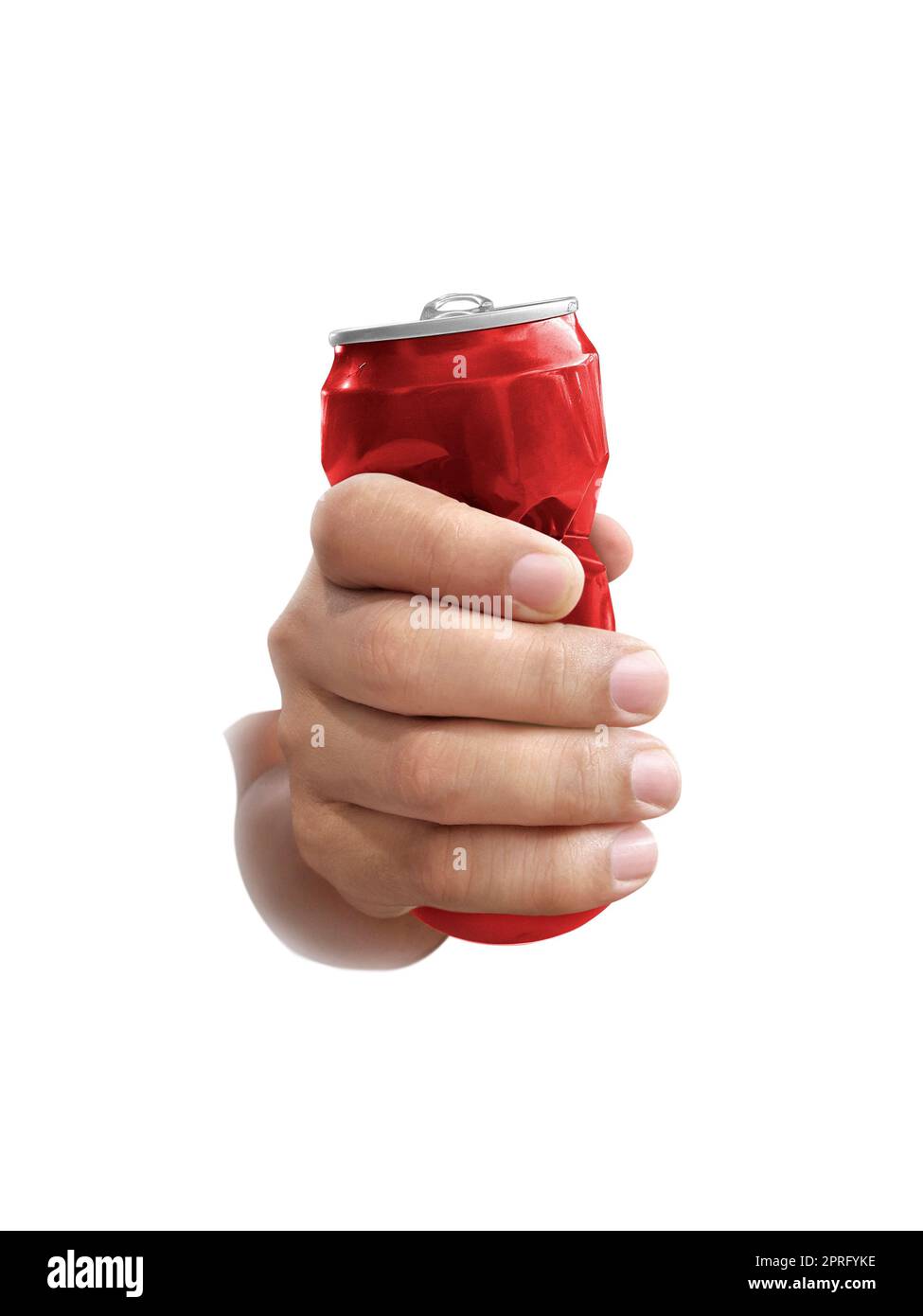 Compressed cans in hand isolated on white background Stock Photo - Alamy