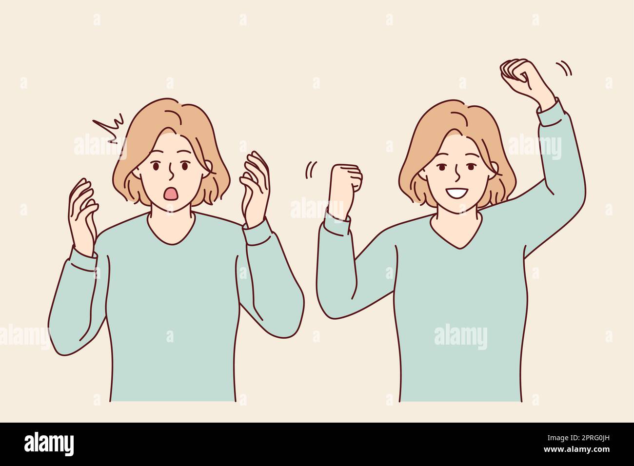 Young woman feeling unhappy and happy showing different emotions ...