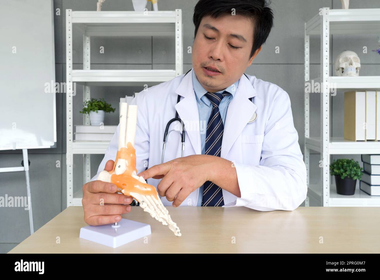 Asian Orthopedic Surgeon in white gown and stethoscope pointing at ...