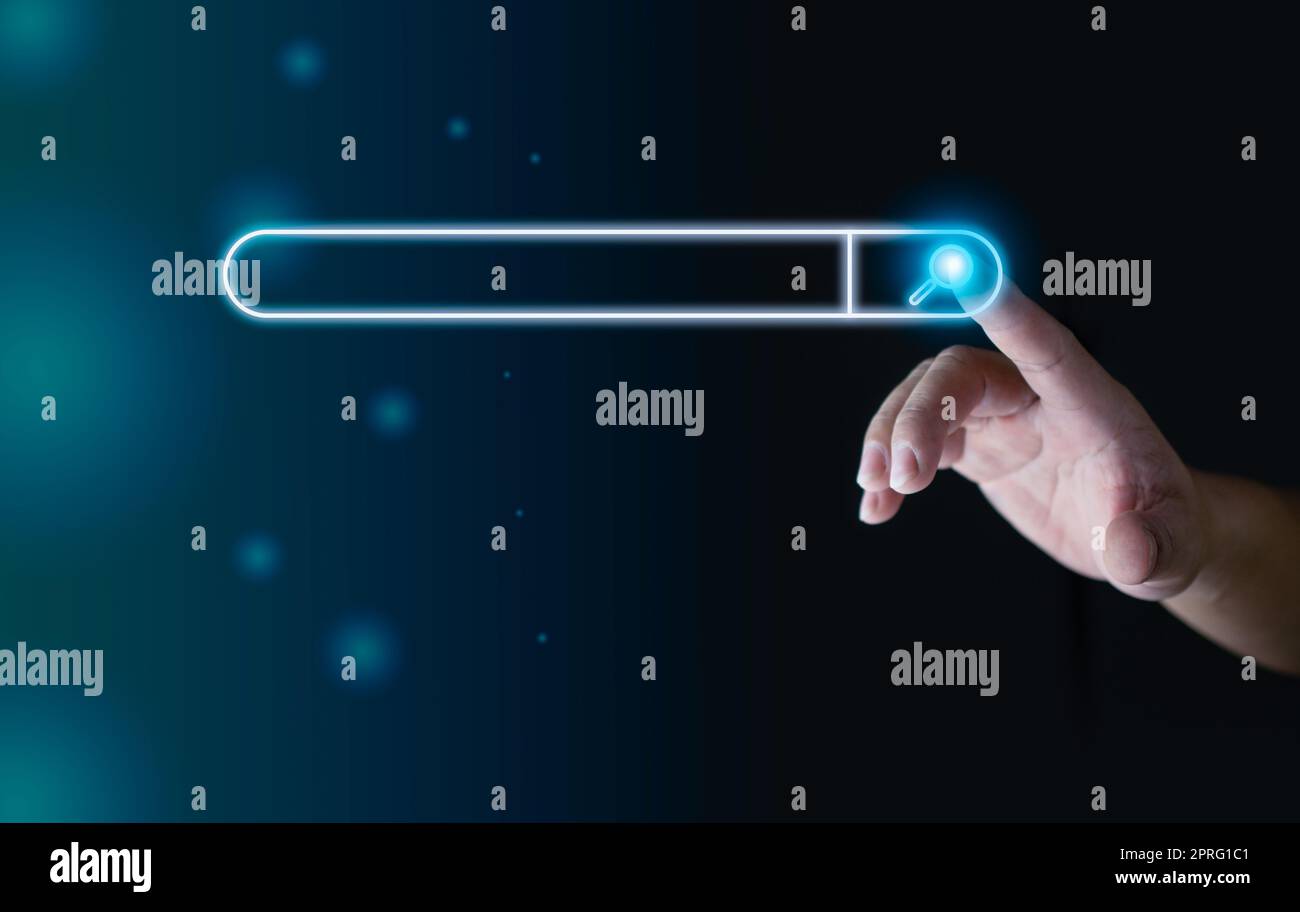 Finger pointing at the mark on the search engine. data search concept ...