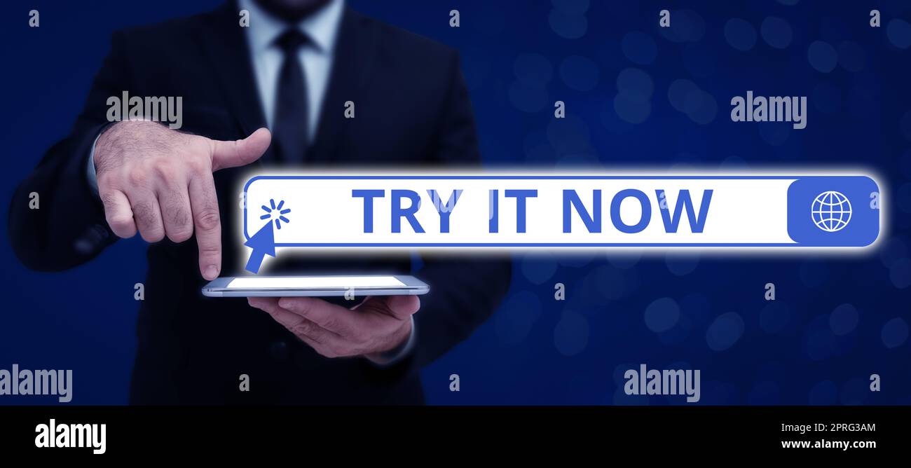 Text sign showing Try It Now. Word Written on Free trial of something ...