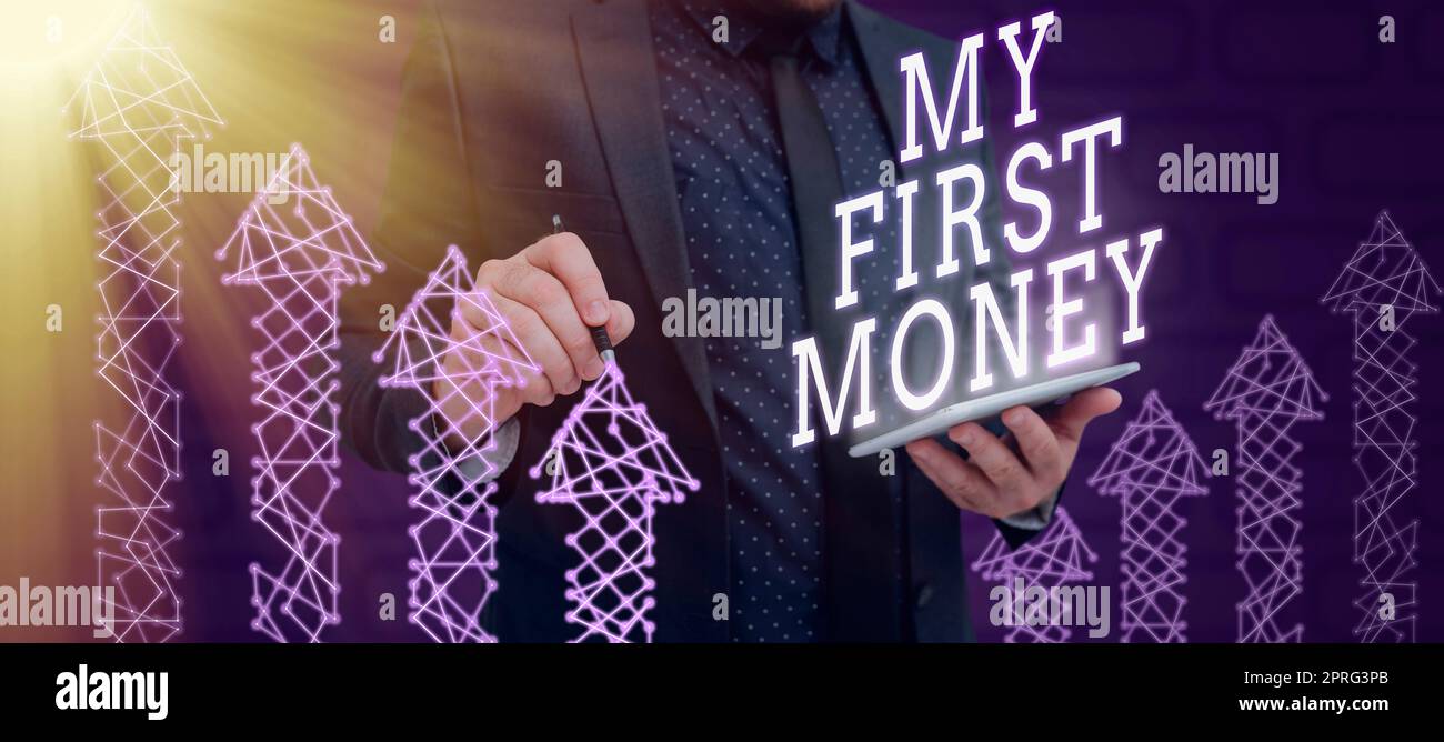 Text caption presenting My First Money. Business showcase Starting ...
