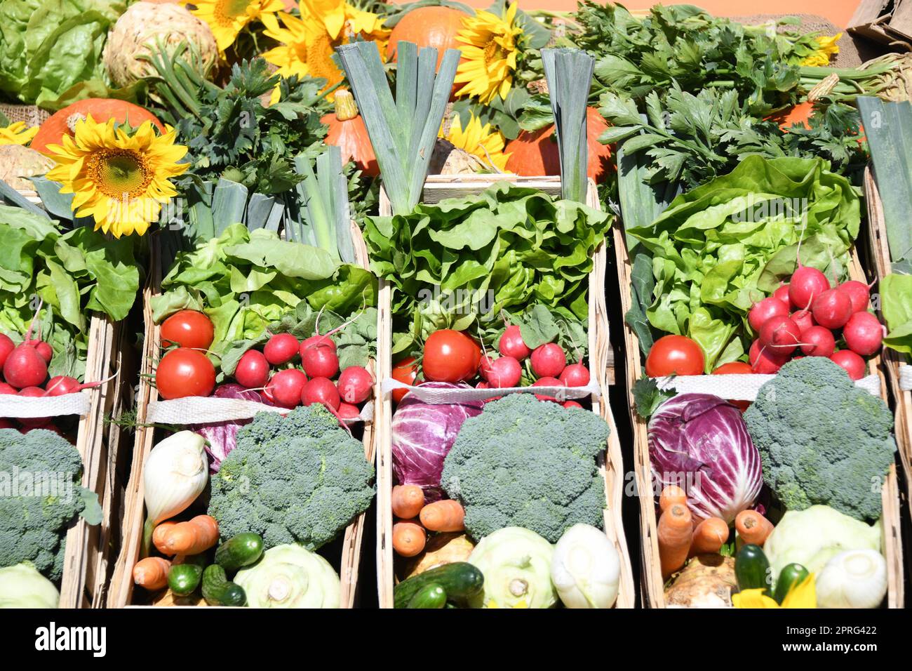 A colorful mix of fresh organic vegetables is offered at a market. In ...