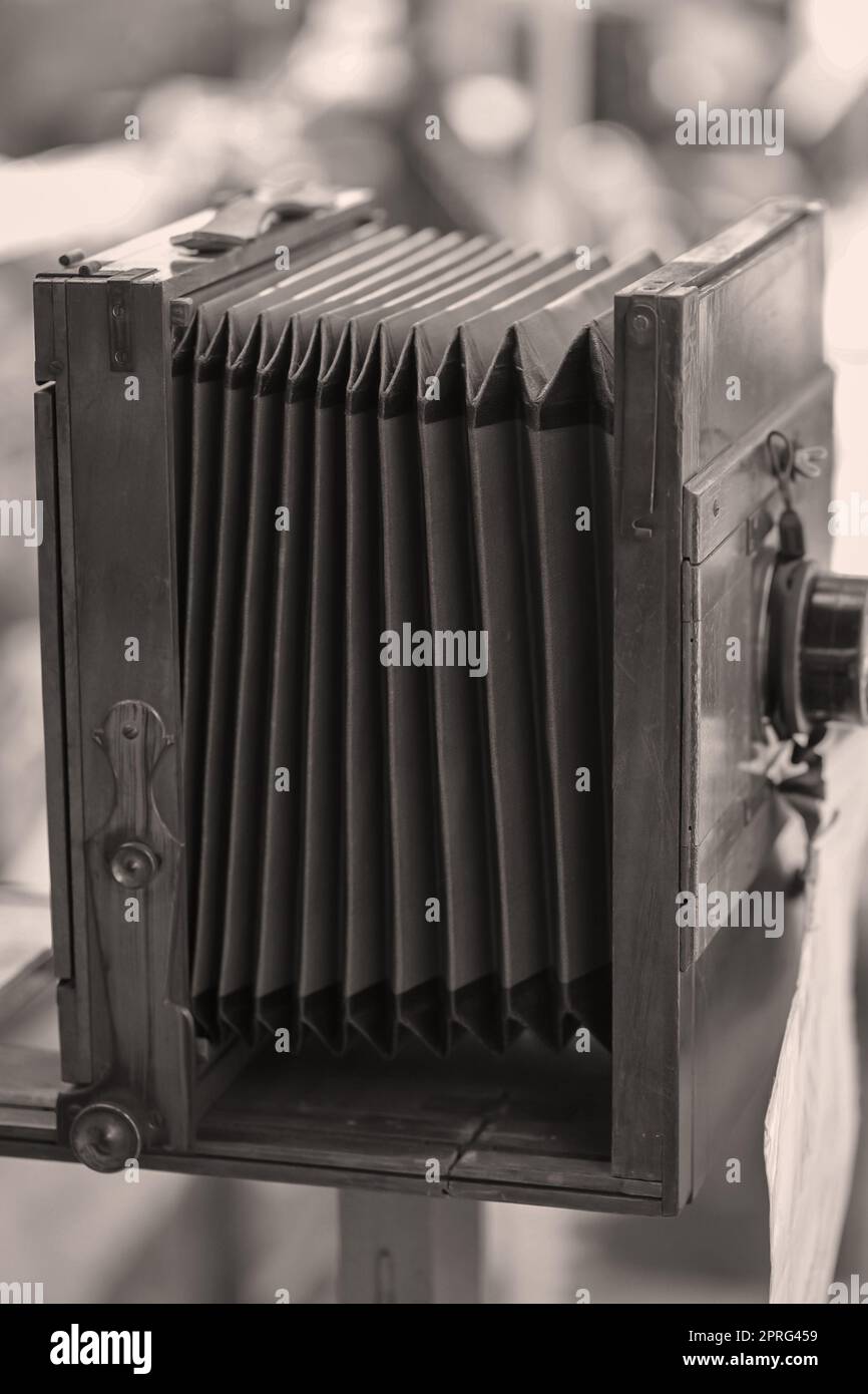 A detail of a bellows camera, or plate chambera. Here, coated glass ...