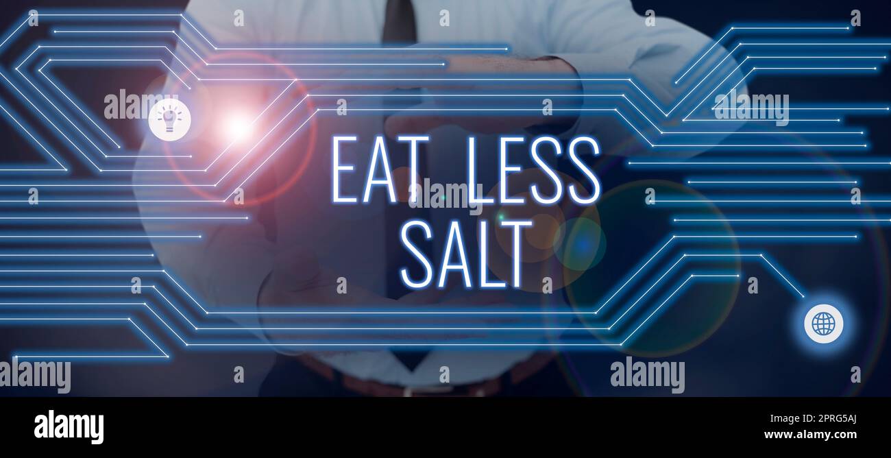 Hand writing sign Eat Less Salt. Business idea Reduce the amount of ...