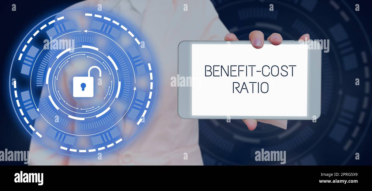 Text sign showing Benefit Cost Ratio. Business overview Relationship between the costs and ...