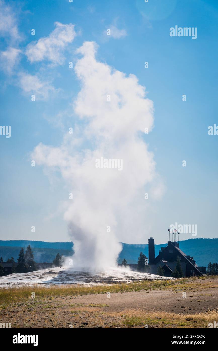 Old Faithful Geyser Erupting at Yellowstone National Park Stock Photo ...
