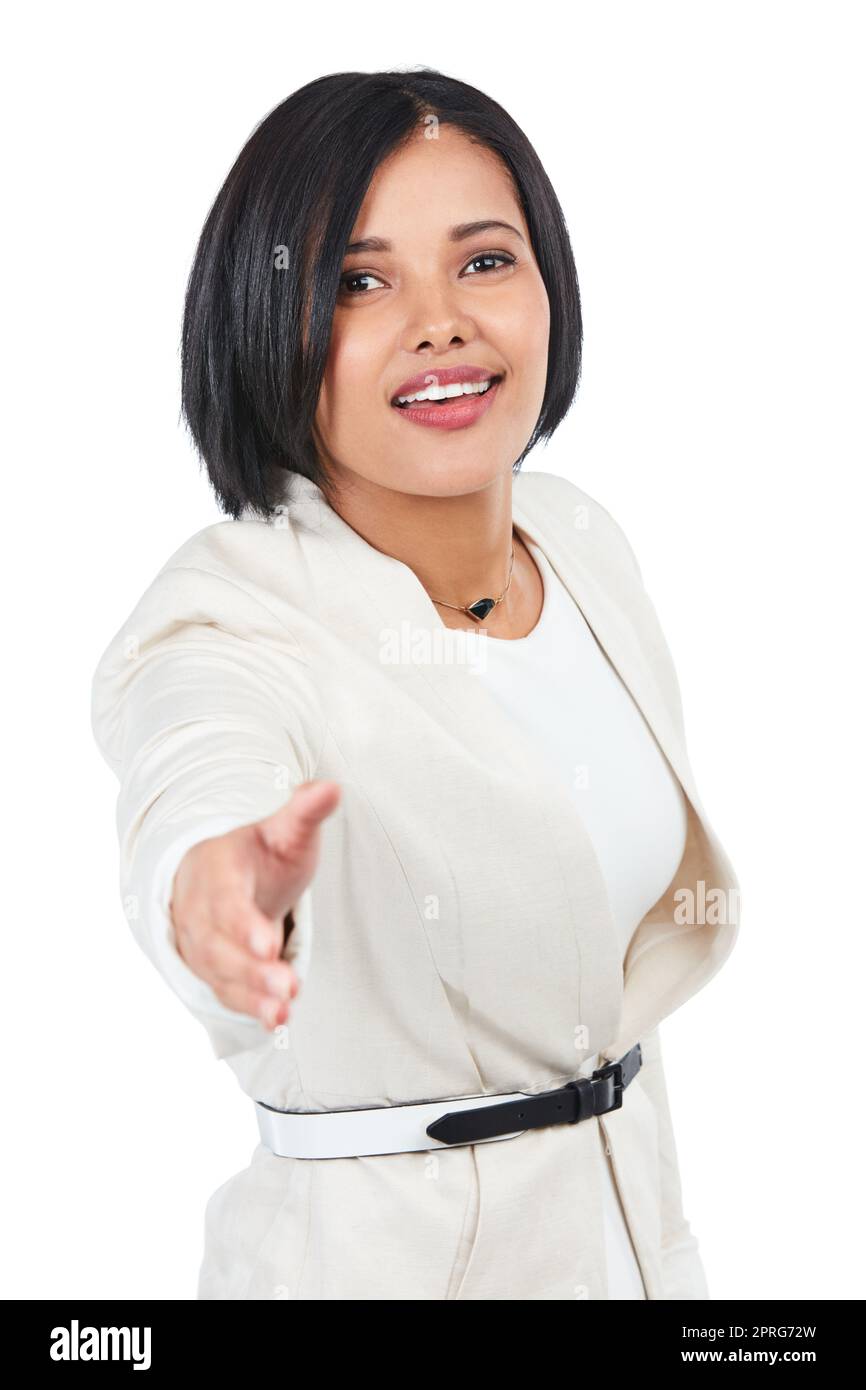 Hello. My name is...Studio shot of a young businesswoman extending her ...