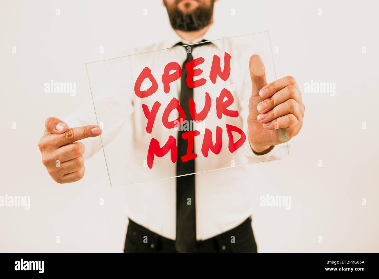 Hand writing sign Open Your Mind. Business concept Be openminded Accept ...