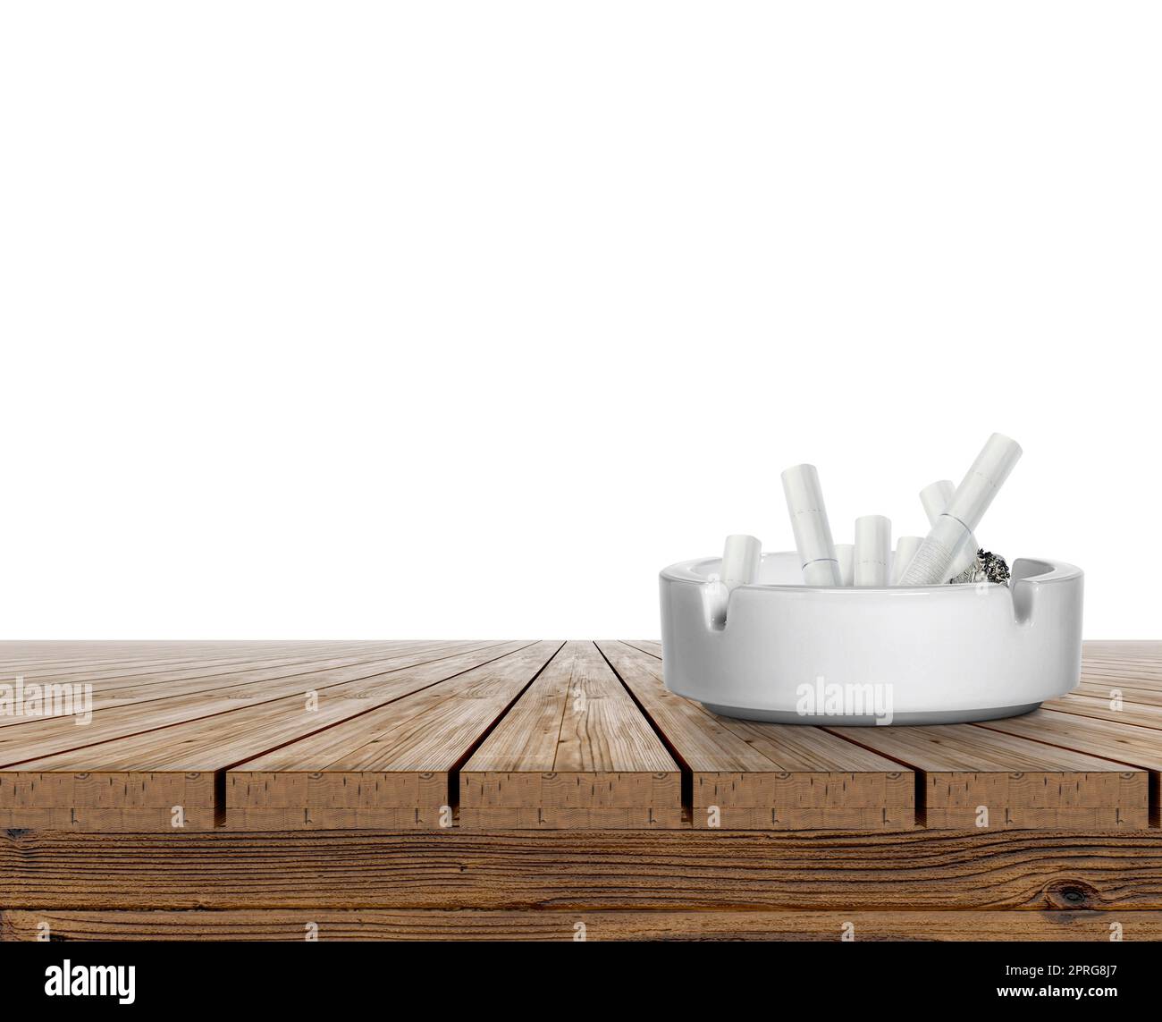 Ashtray full of cigarettes butts on wooden table top on white ...