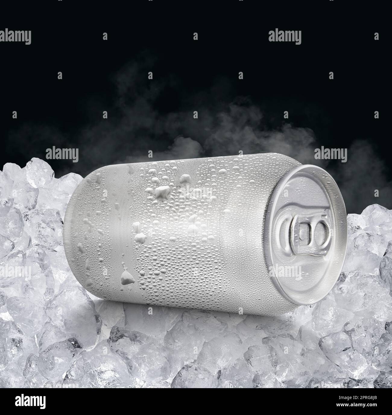 An unbranded freezing cold aluminum tin can with cold vapor an isolated ...