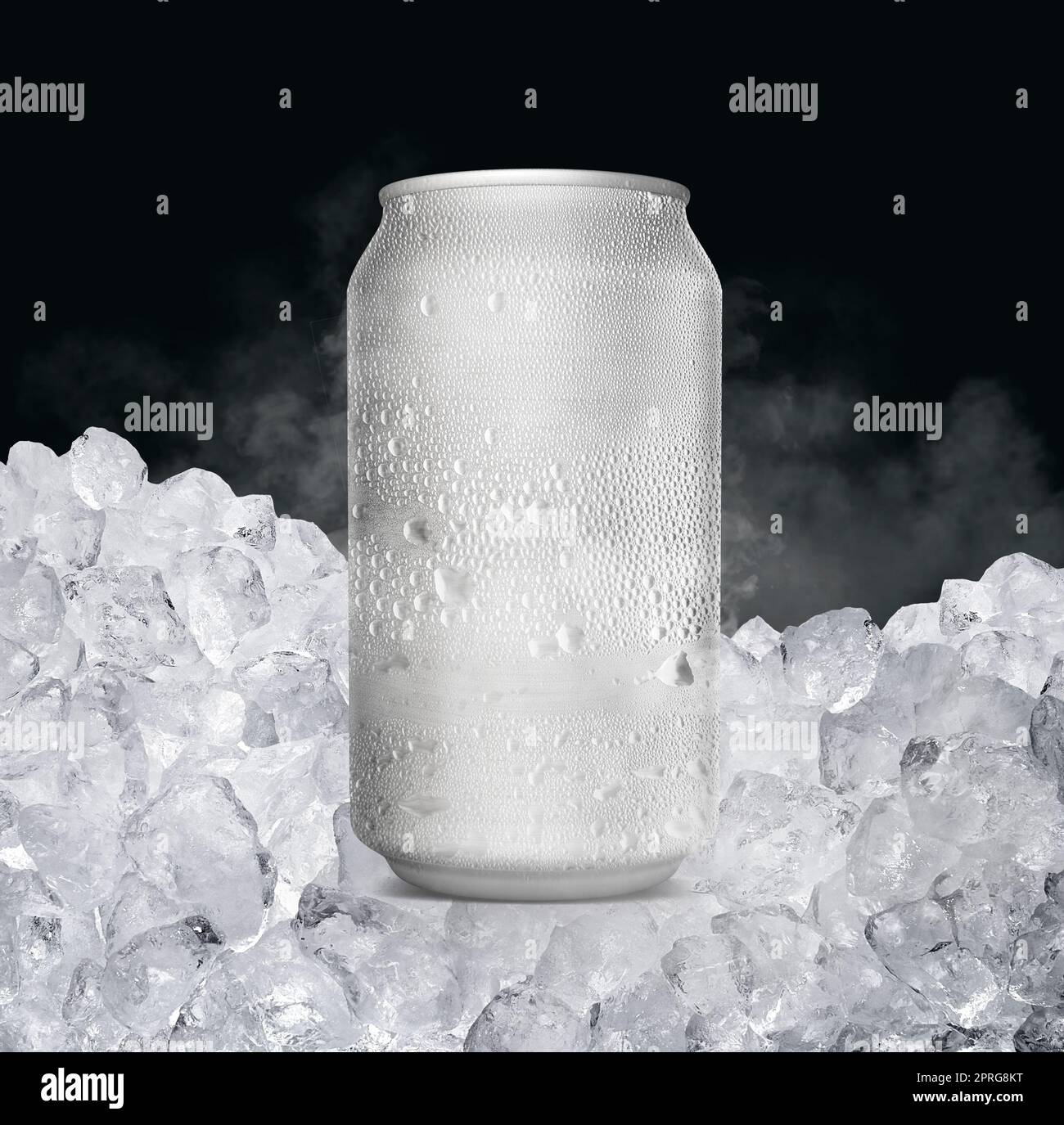 An unbranded freezing cold aluminum tin can with cold vapor an isolated ...